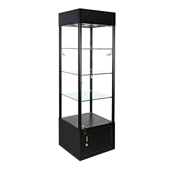 F2-3. BLACK SQUARE LIGHTED TOWER DISPLAY CASE – FIXTURES2GO