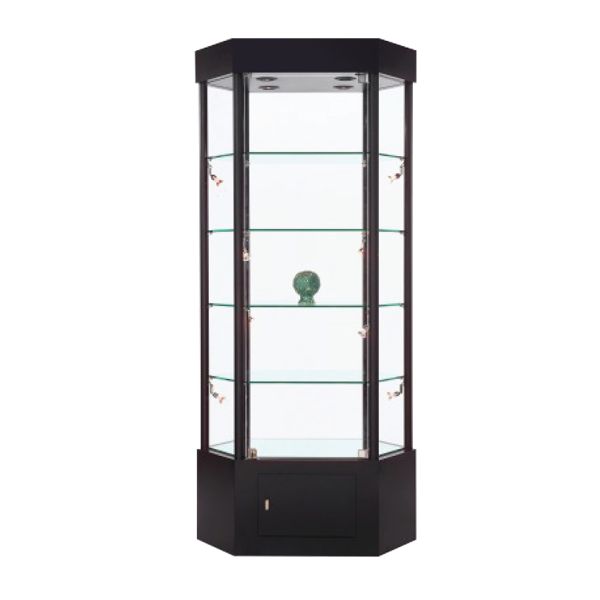 F2-8. BLACK ELONGATED HEXAGON LIGHTED TOWER DISPLAY CASE – FIXTURES2GO